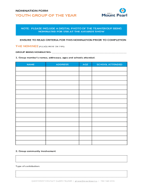 Fillable Online Youth Group Nomination Form - City of Mount Pearl Fax Email Print - pdfFiller