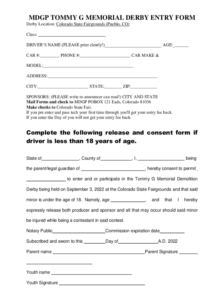 Fillable Online MDGP TOMMY G MEMORIAL DERBY ENTRY FORM Fax Email Print