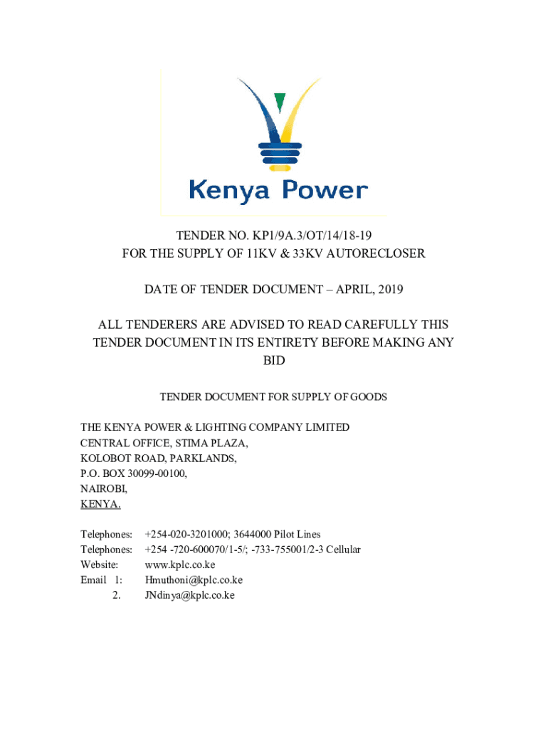 Fillable Online kplc co TENDER FORAUTORECLOSERS- OT-14-18-19 (GENERAL)revised Fax Email Print ...