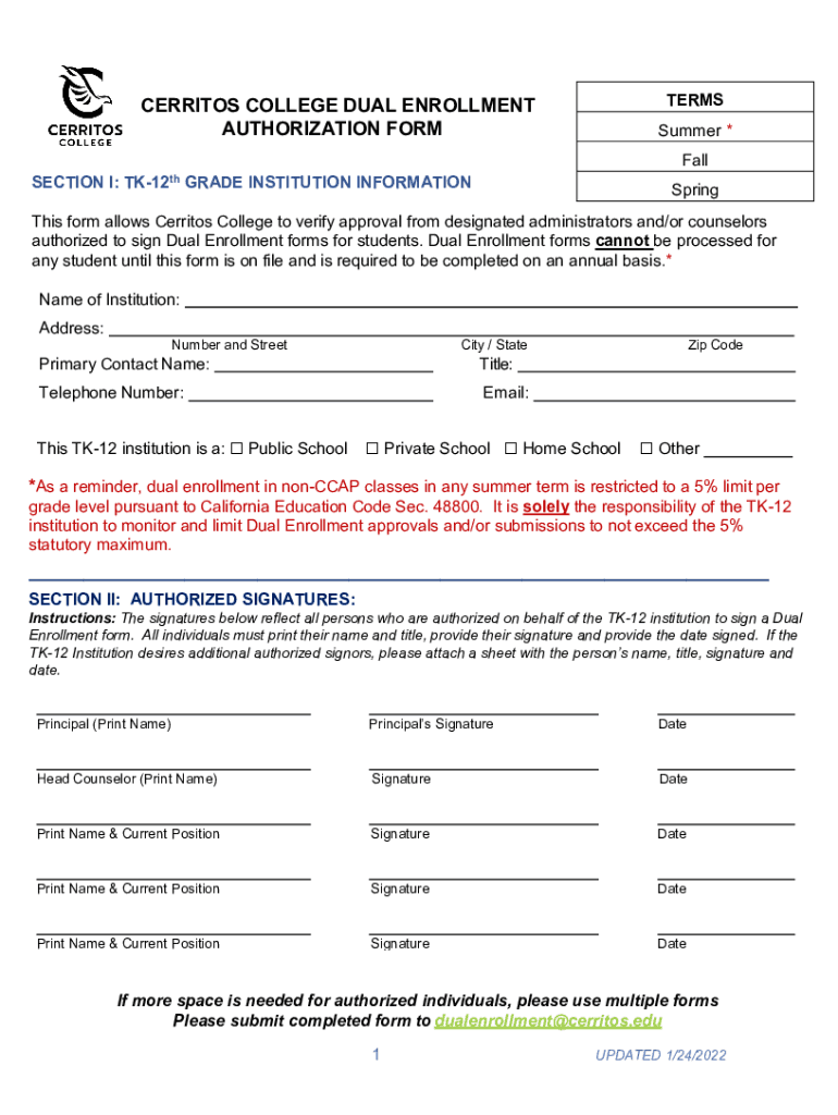 Fillable Online cerritos college dual enrollment authorization form Fax Email Print - pdfFiller