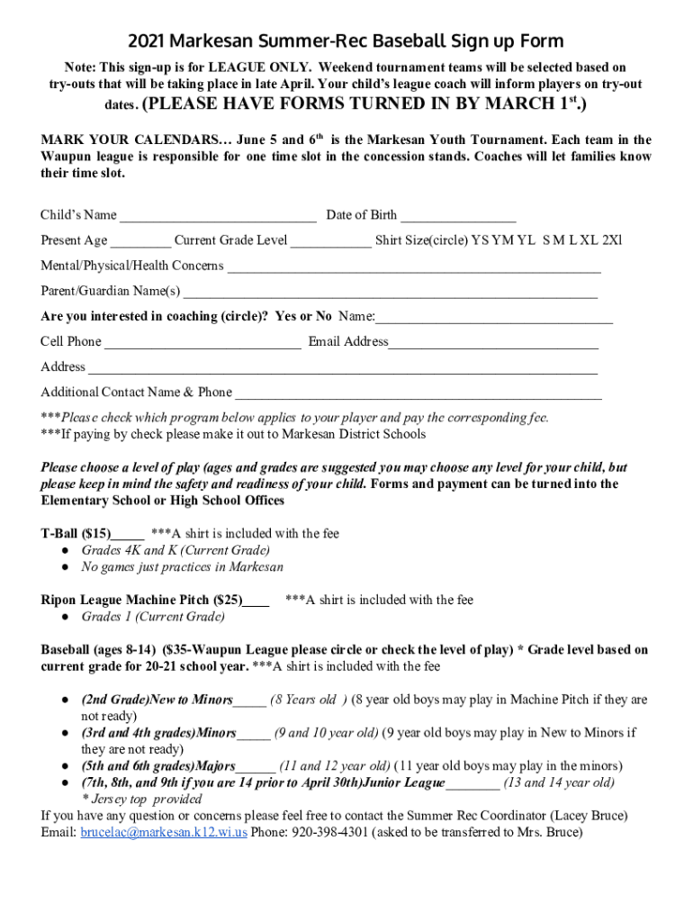 Fillable Online 2021 Markesan Summer-Rec Baseball Sign up Form Fax ...
