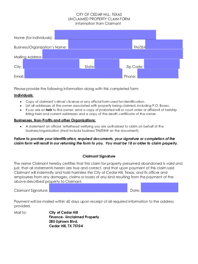 Fillable Online CITY OF CEDAR HILL, TEXAS UNCLAIMED PROPERTY CLAIM ... Fax Email Print - pdfFiller