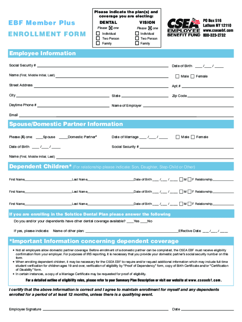 Fillable Online EBF MEMBER PLUS DENTAL & VISION ENROLLMENT FORM Fax ...