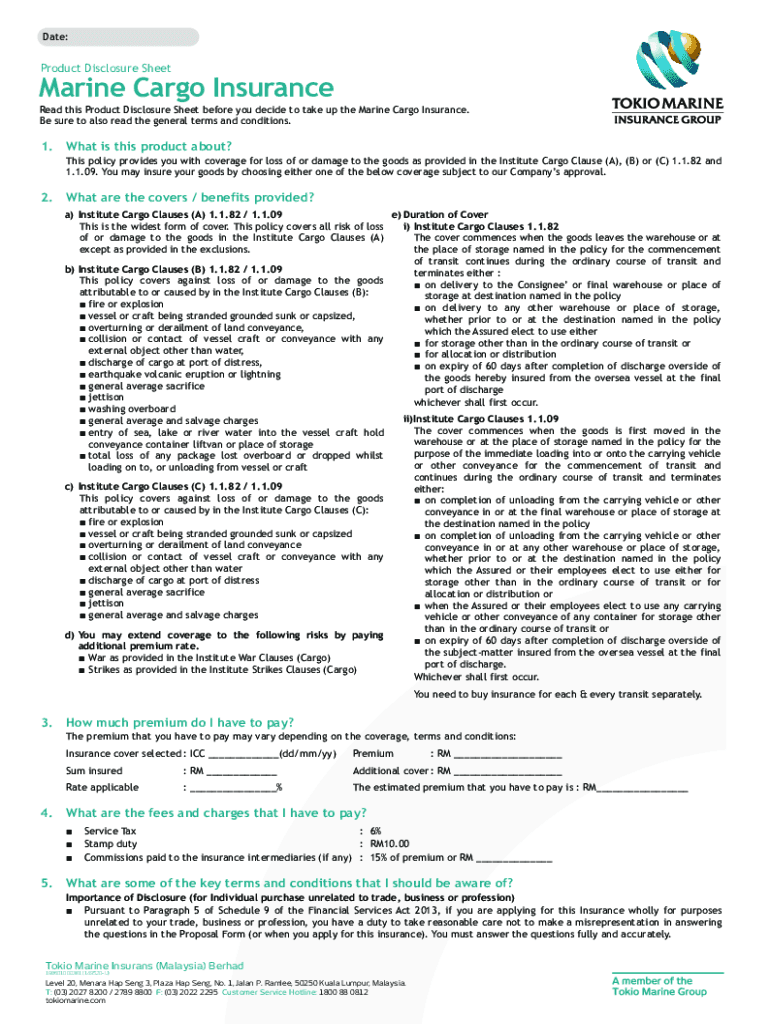 Fillable Online Product Disclosure Sheet - Marine Cargo Insurance ...