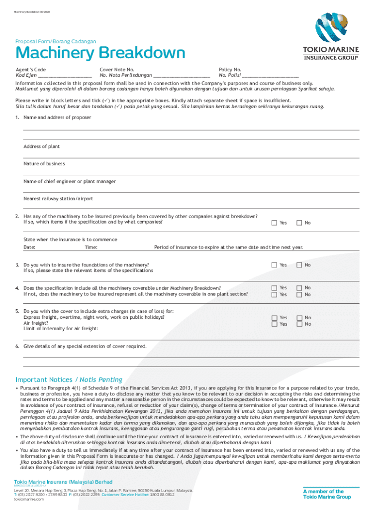 Fillable Online Machinery Breakdown Proposal Form - Tokio Marine Fax ...