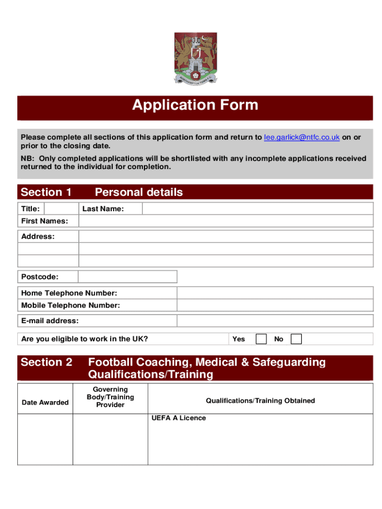 Fillable Online Job Application Form Template - Northampton Town ...