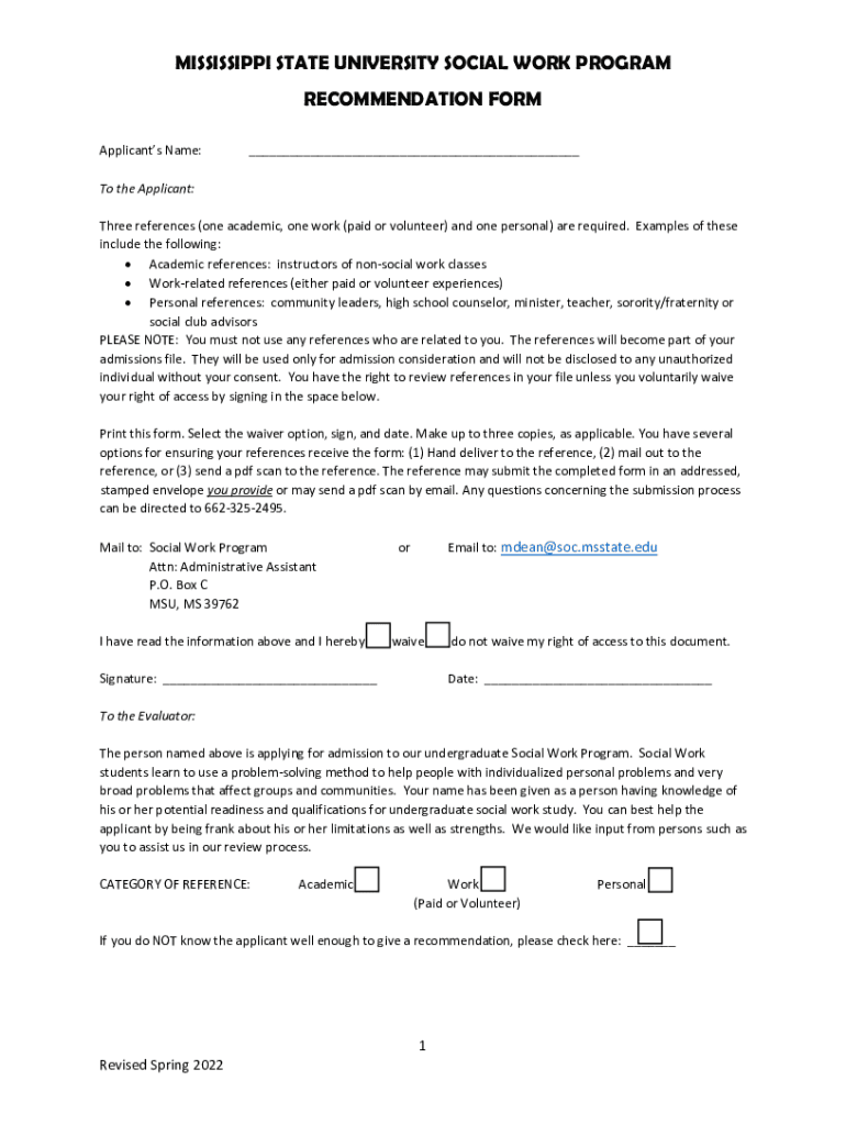 Fillable Online MSU Social Work Program Recommendation Form - Fall 2021 Fax Email Print - pdfFiller