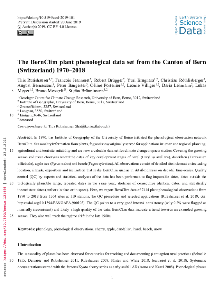 Fillable Online boris unibe The BernClim plant phenological data set ...