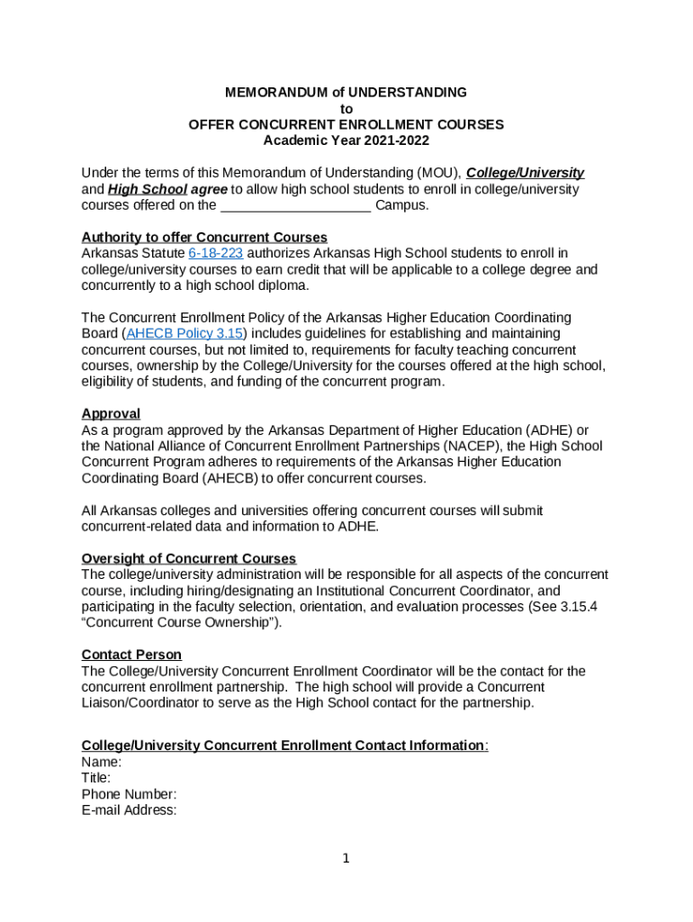 High School Concurrent Student Enrollment Memorandum of ... Doc Template | pdfFiller