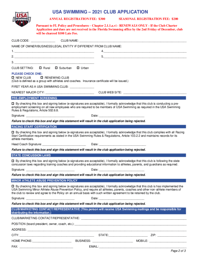 Fillable Online USA SWIMMING 2021 CLUB APPLICATION Fax Email Print ...