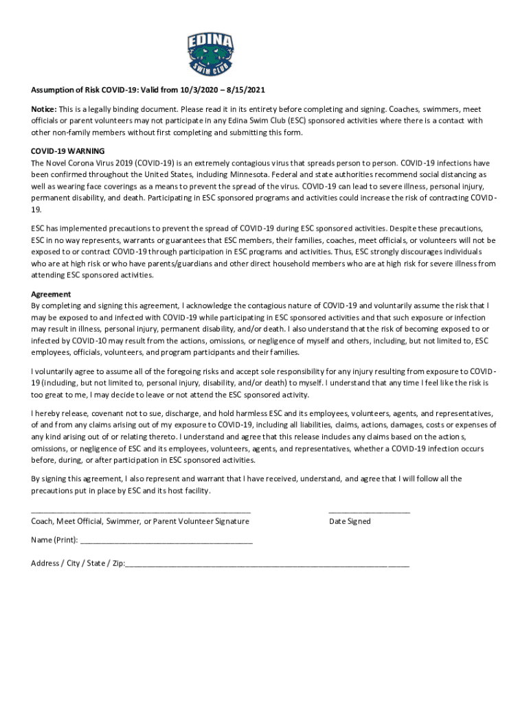 Fillable Online acknowledgement and assumption of risks form (for adult ...