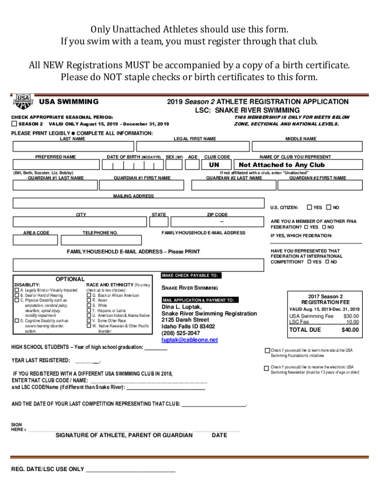Fillable Online All NEW Registrations MUST be accompanied by a copy of a birth certificate ...