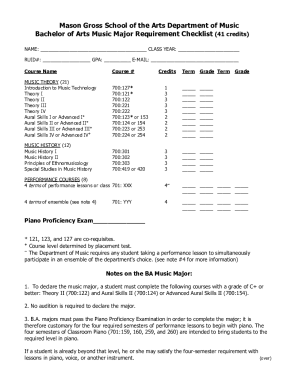 Fillable Online Music Major Requirement Checklist (41 credits) Fax ...