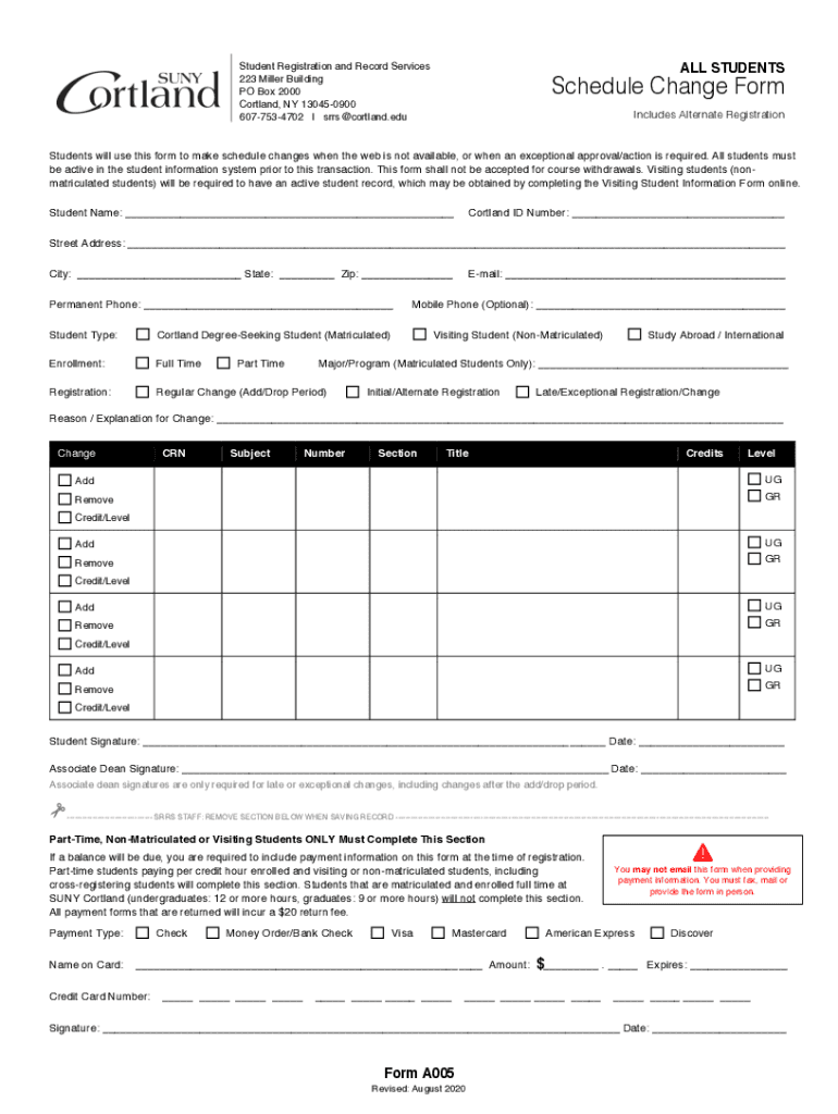 Fillable Online www2 cortland Student Registration Forms and Documents ...