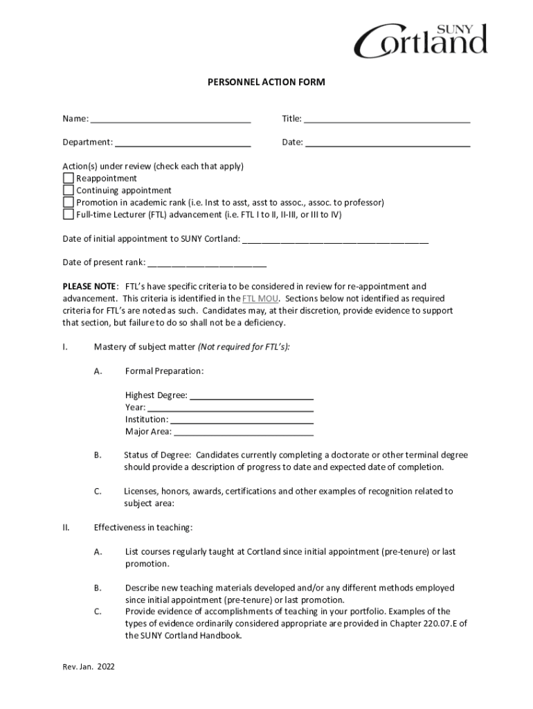 Fillable Online www2 cortland personnel action form - SUNY Cortland Fax ...