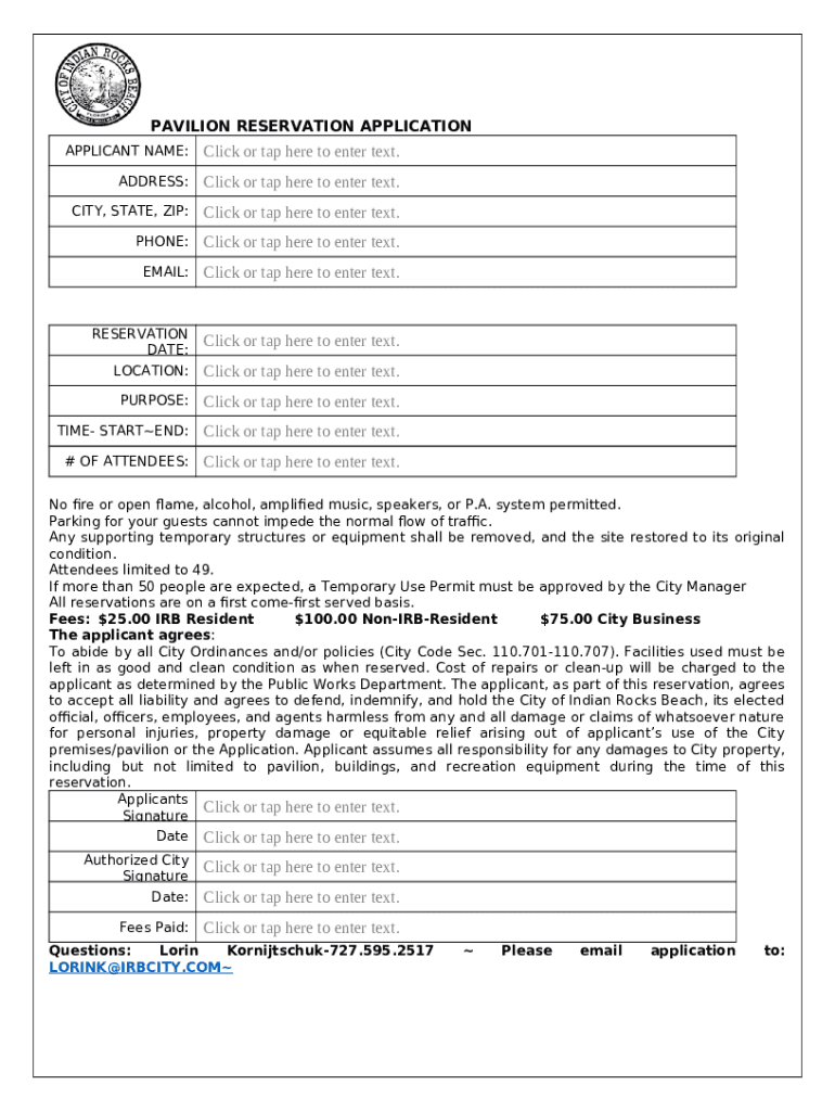 Jacksonville Park Pavilion Reservation Doc Template | pdfFiller