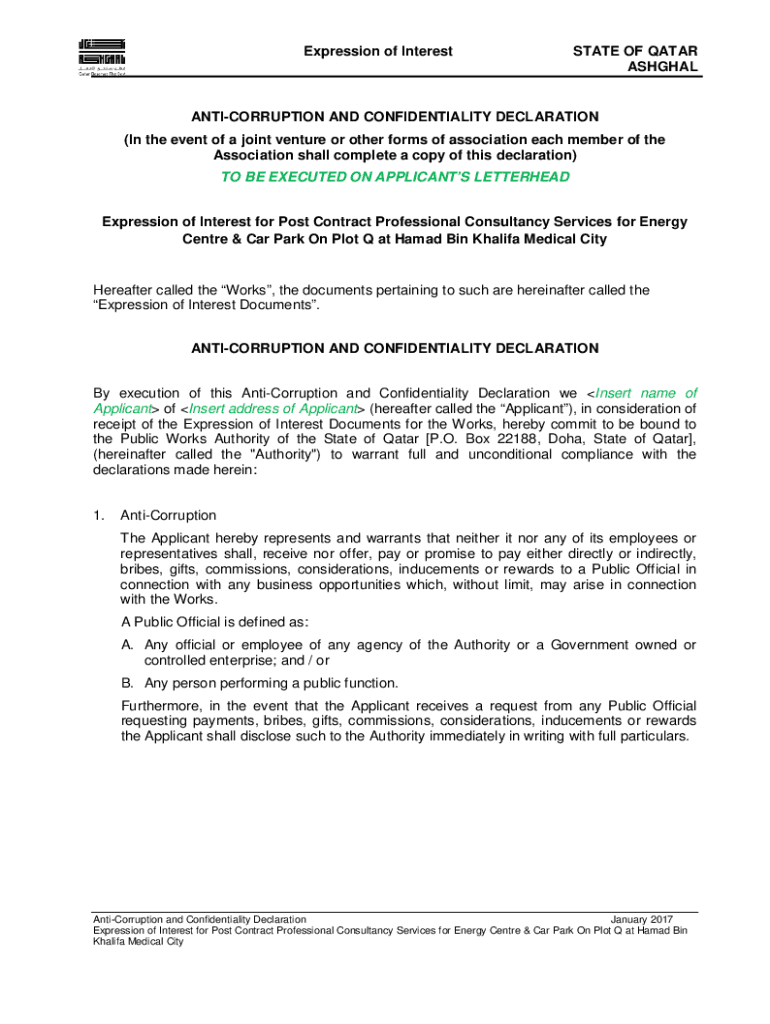 Fillable Online state of qatar anti-corruption and confidentiality ...