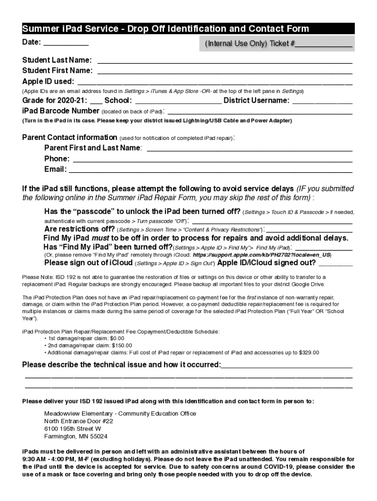 Fillable Online Summer iPad Service - Drop Off Identification ...