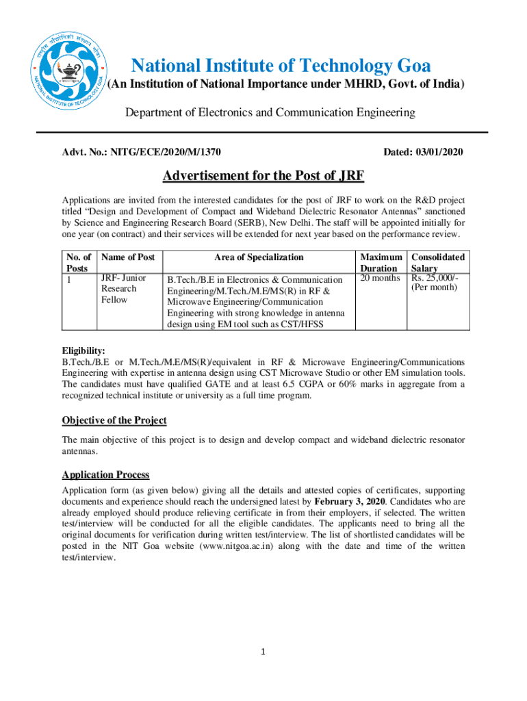 Fillable Online Advertisement for the Post of JRF Fax Email Print ...