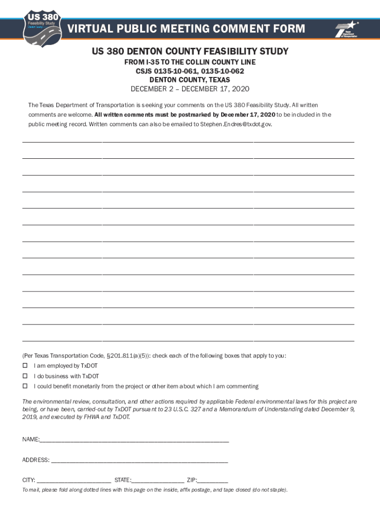 Fillable Online US 380 Denton County Feasibility Study Virtual Public ...