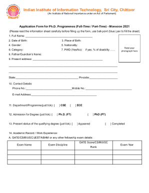 Fillable Online PhD-Application Form - Monsoon 2021 - IIIT Sri City Fax ...