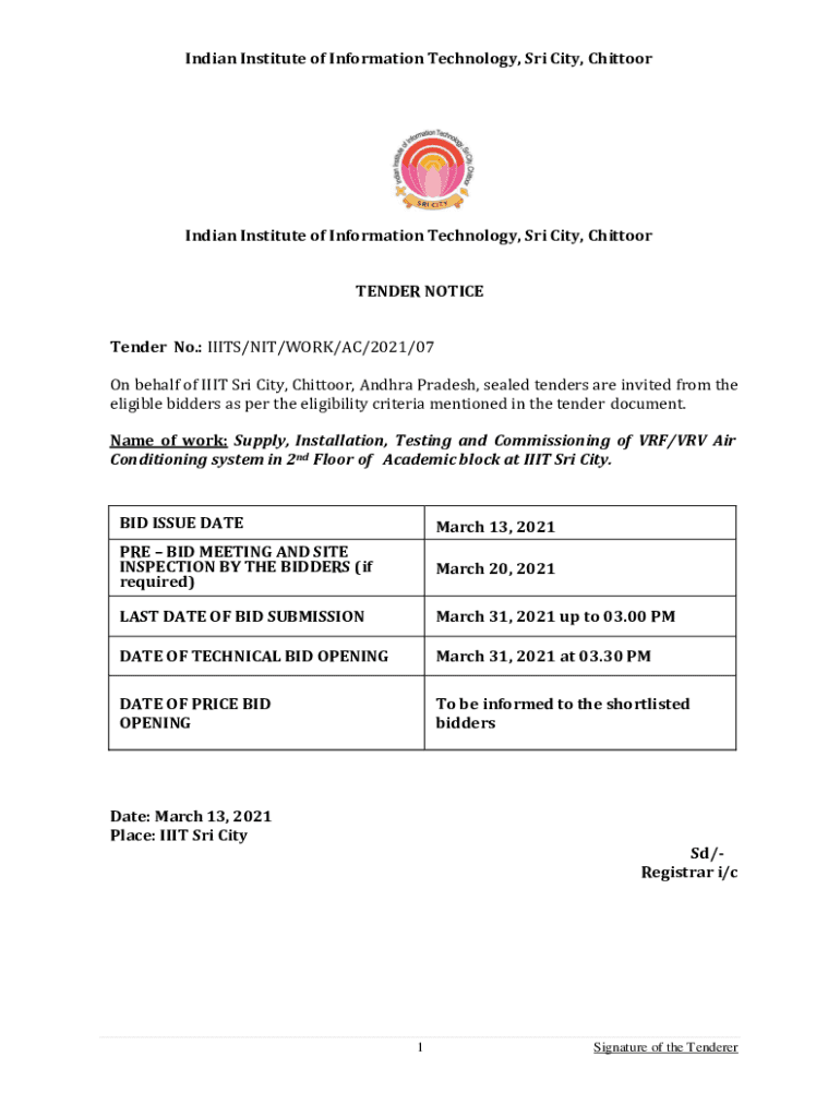 Fillable Online On behalf of IIIT Sri City, Chittoor, Andhra Pradesh, sealed tenders are invited ...