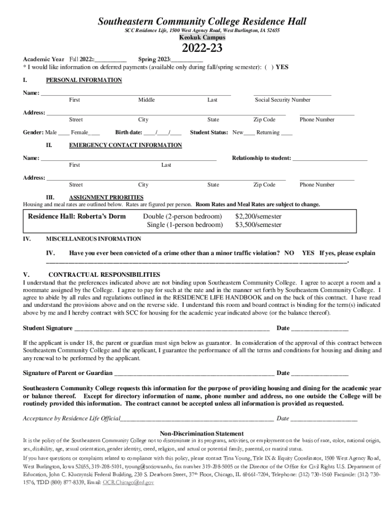 Fillable Online Residence Halls - Southeastern Community College Fax Email Print - pdfFiller
