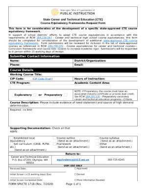 CTE Course Equivalencies Frameworks Request - OSPI Doc Template | pdfFiller