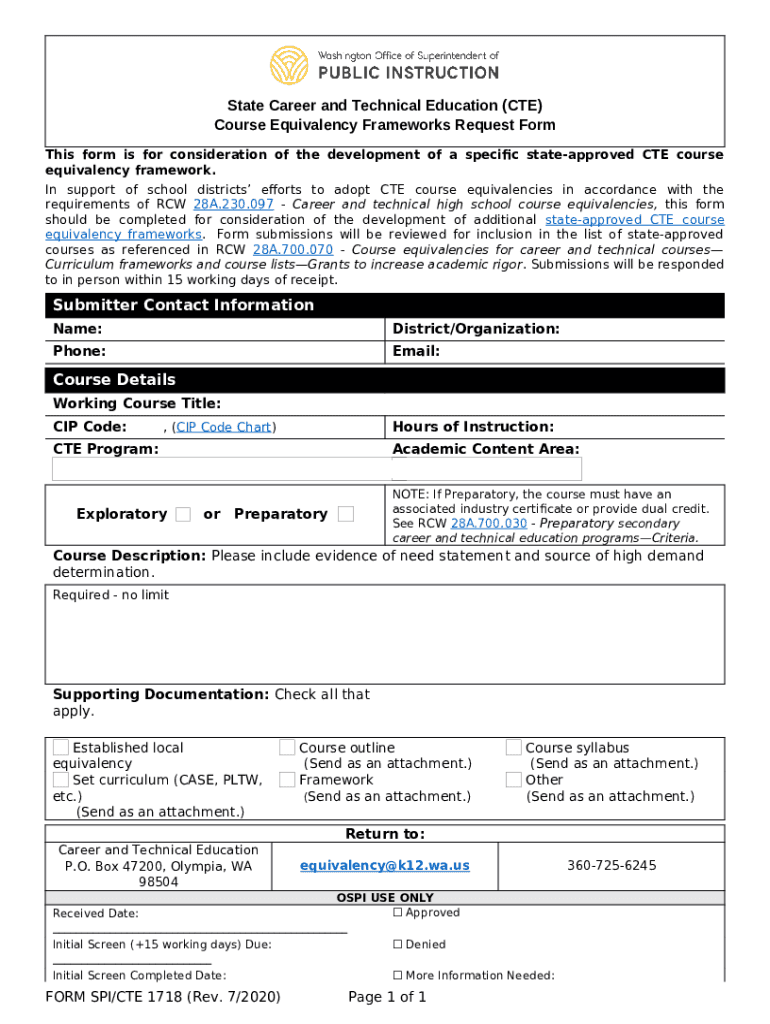 CTE Course Equivalencies Frameworks Request - OSPI Doc Template | pdfFiller