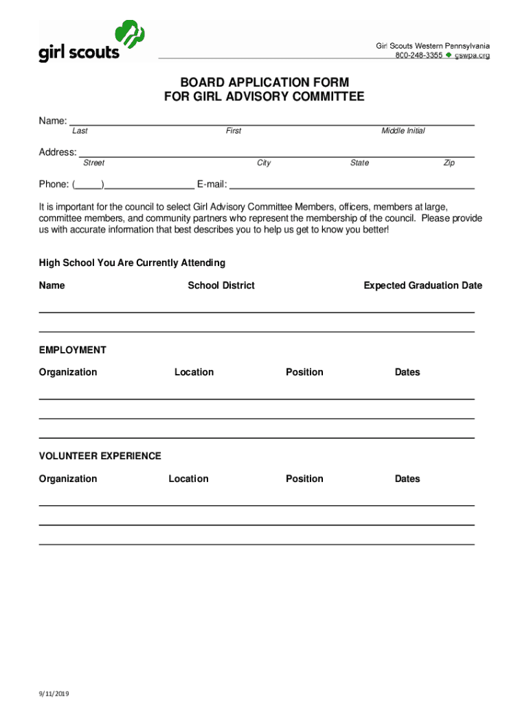 Fillable Online Girl Advisory Committee Application. Complete this ...