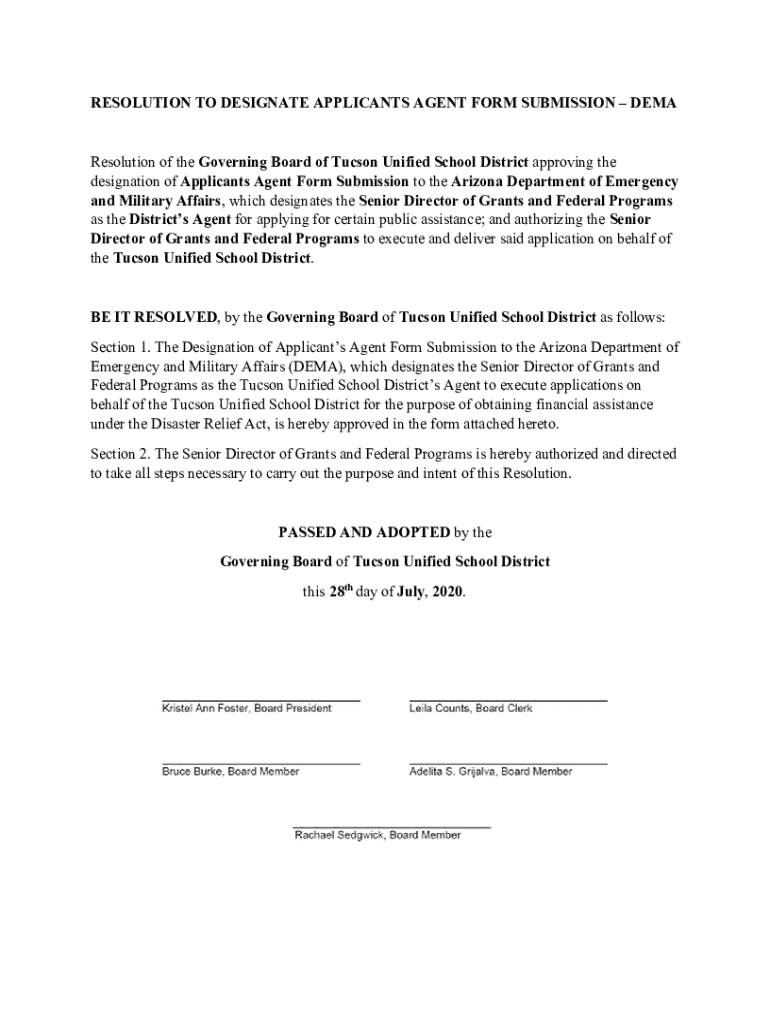 Fillable Online RESOLUTION TO DESIGNATE APPLICANTS AGENT FORM ...
