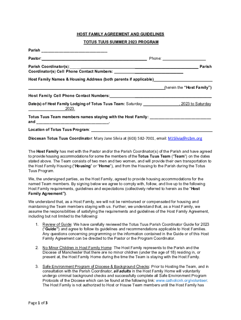 Fillable Online host family agreement and guidelines - Diocese of ...