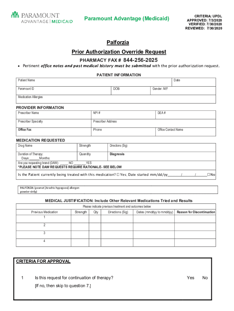 Fillable Online Palforzia Prior Authorization Override Request Fax ...