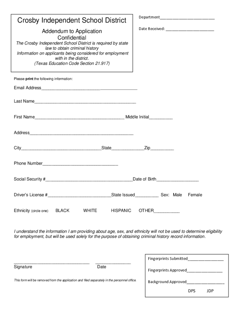 Fillable Online Addendum to Application Confidential - Crosby ISD Fax ...