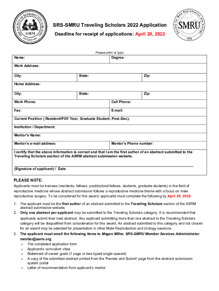 Fillable Online SRS-SMRU Traveling Scholars 2022 Application - ASRM Fax ...