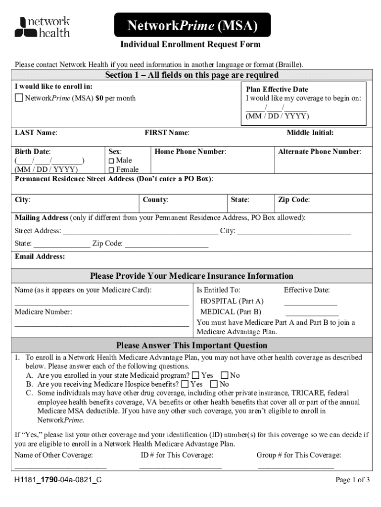 Fillable Online NetworkPrime (MSA) Individual Enrollment Request Form ...