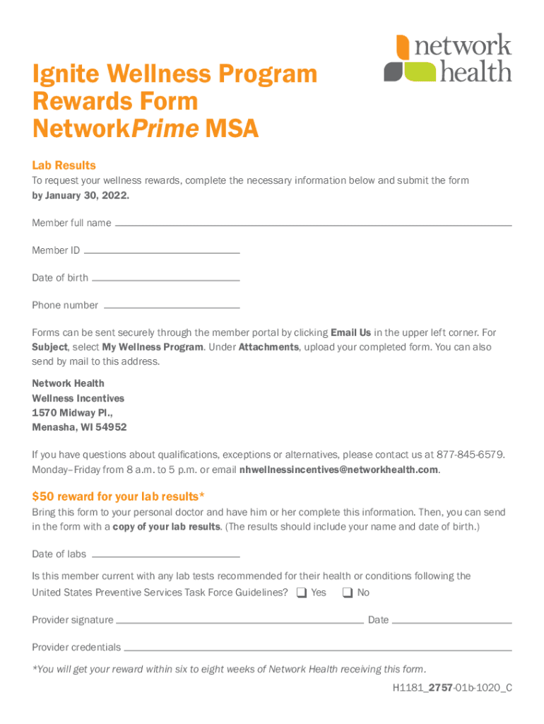 Fillable Online Ignite Wellness Program Rewards Form NetworkPrime MSA ...