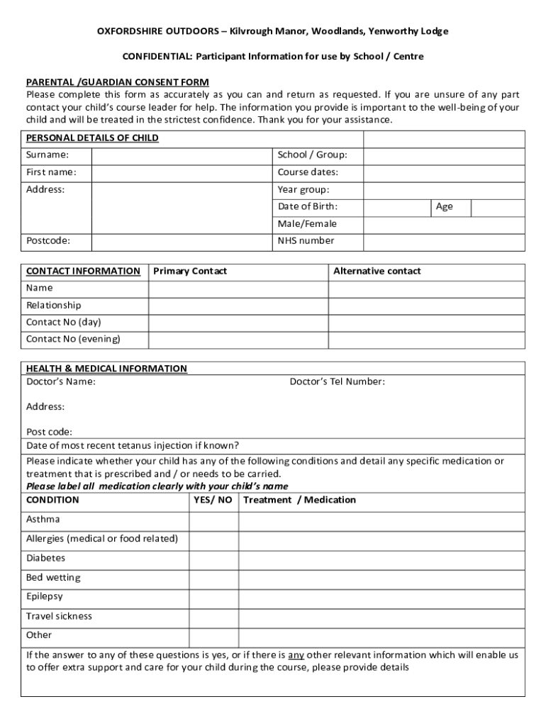 Fillable Online Outdoor Fieldtrip Parent/Guardian Consent Form Fax ...