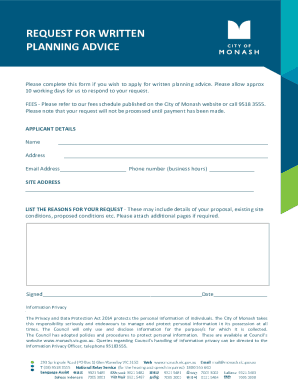 Fillable Online REQUEST FOR WRITTEN PLANNING ADVICE - City of Monash ...