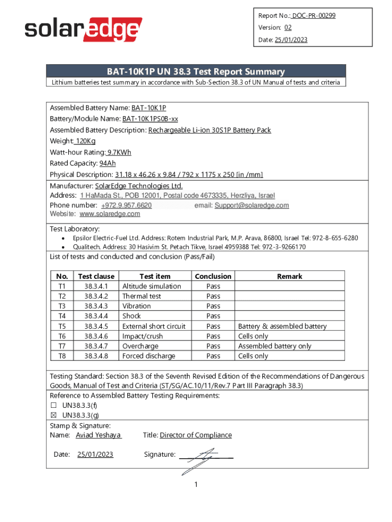 Fillable Online BAT-10K1P UN 38.3 Test Report Summary - Knowledge ...