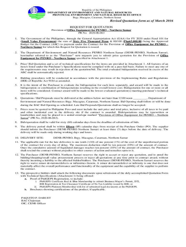 Fillable Online Revised Quotation form as of March 2016 - DENR Offices ...