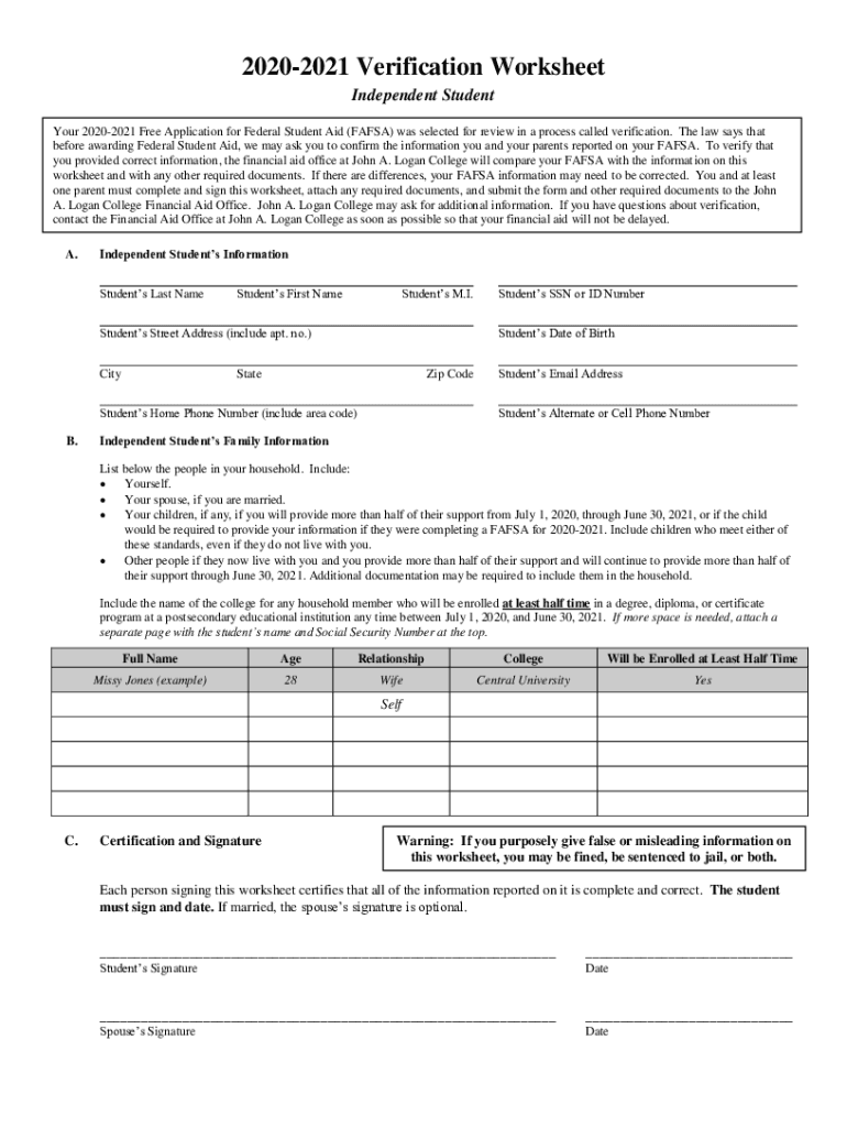 Fillable Online 2020-2021 Verification Worksheet - John A. Logan College Fax Email Print - pdfFiller