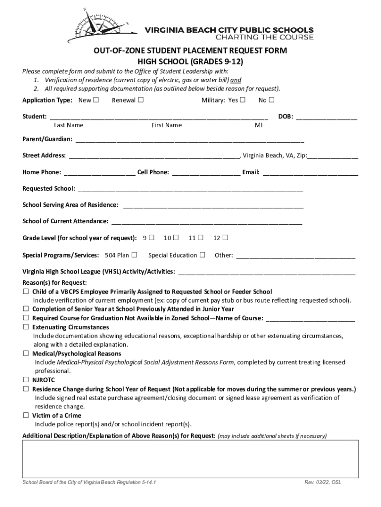 Fillable Online Out-Of-Zone Student Placement Request Form - High School (Grades 9-12) Fax Email ...
