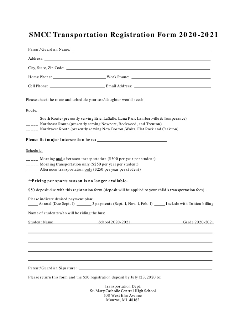 Fillable Online SMCC Transportation Registration Form 2020-2021 - St ...