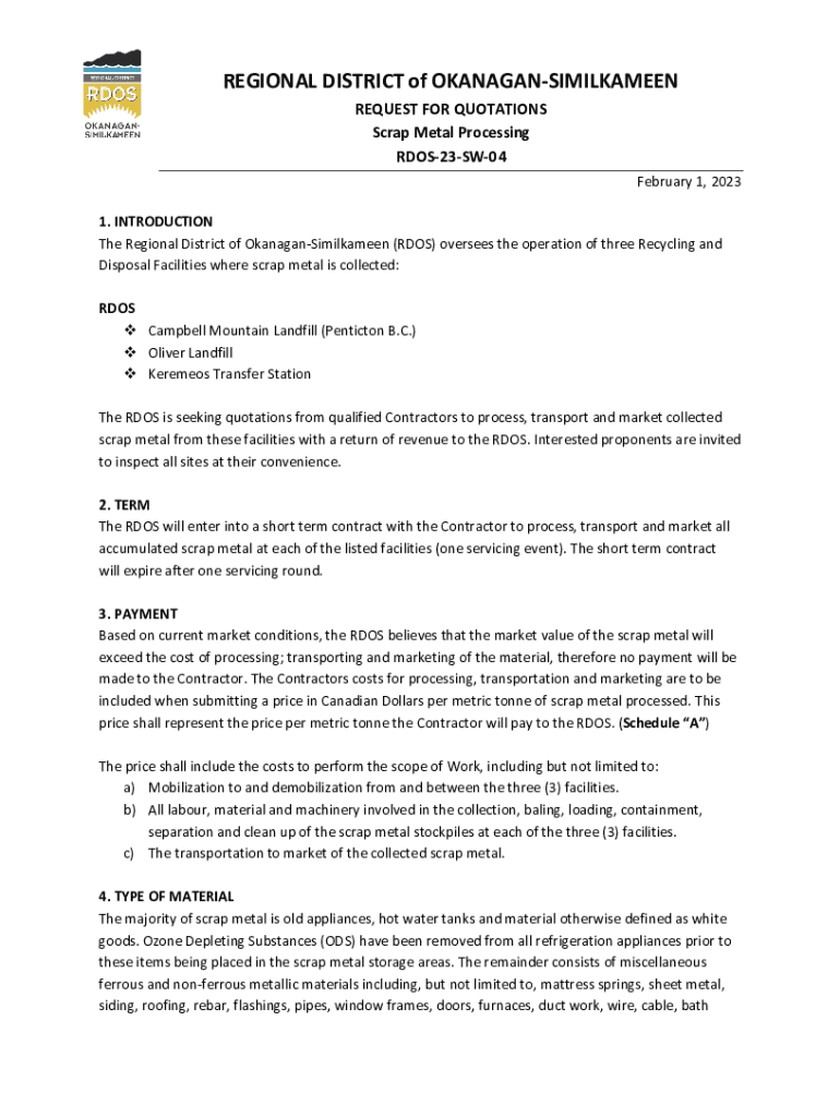 Fillable Online REQUEST FOR QUOTATIONS Scrap Metal Processing RDOS ...