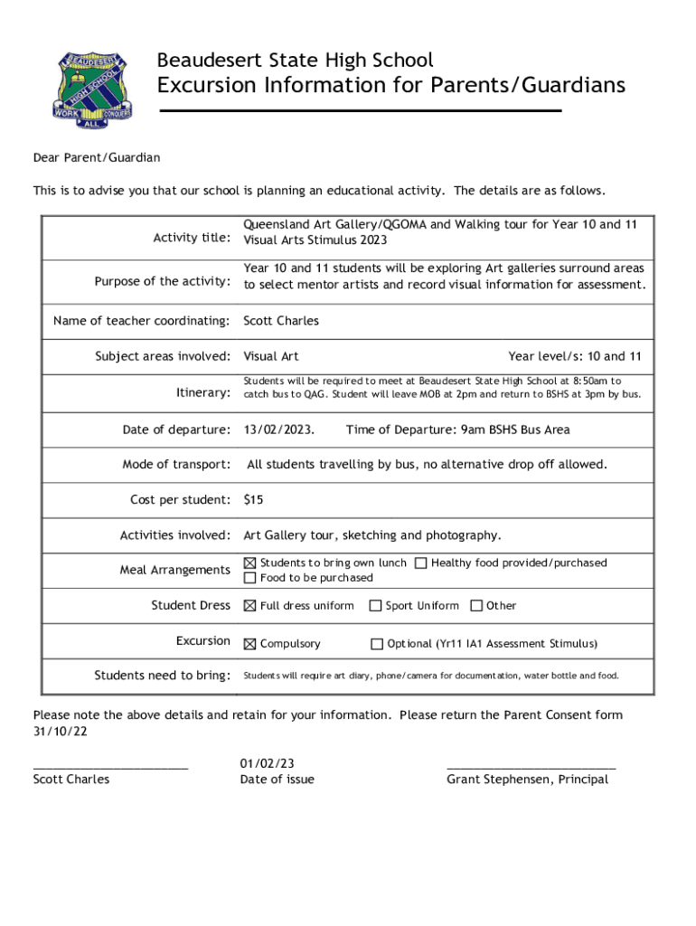 Fillable Online Beaudesert State High School - Excursion Information ...