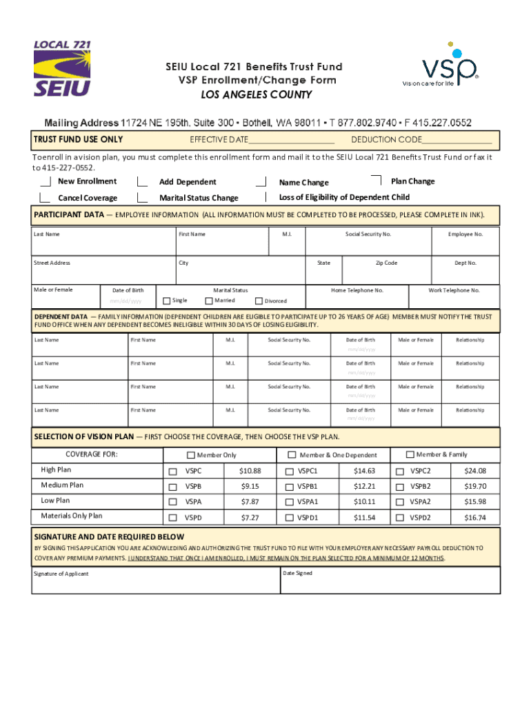 Fillable Online SEIU 721 - 2021 Vision Enrollment Form (United ...