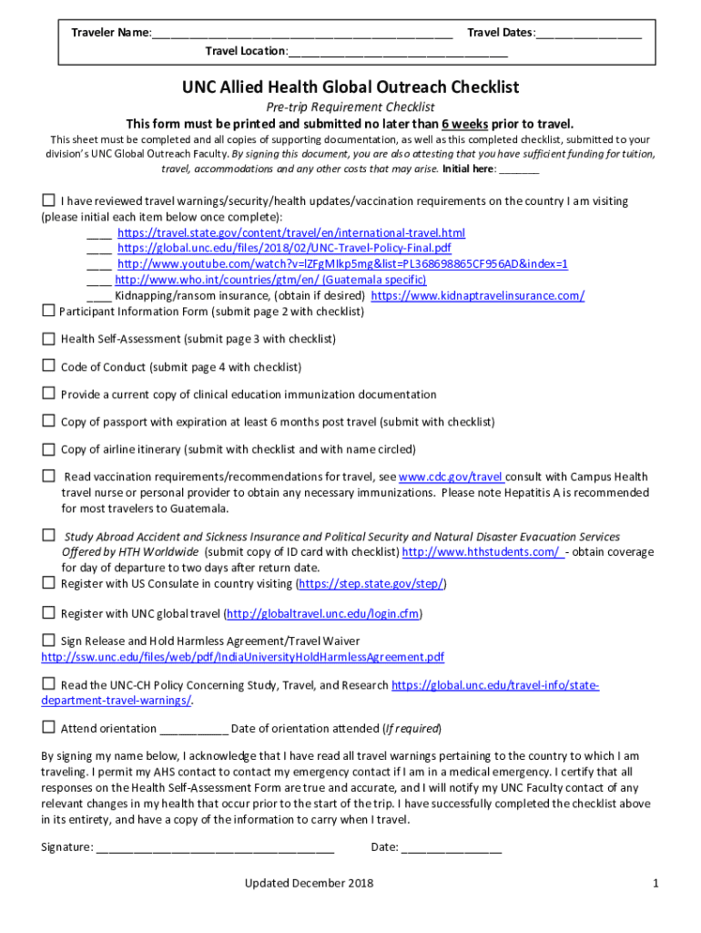Fillable Online UNC Allied Health Global Outreach Checklist Fax Email Print - pdfFiller