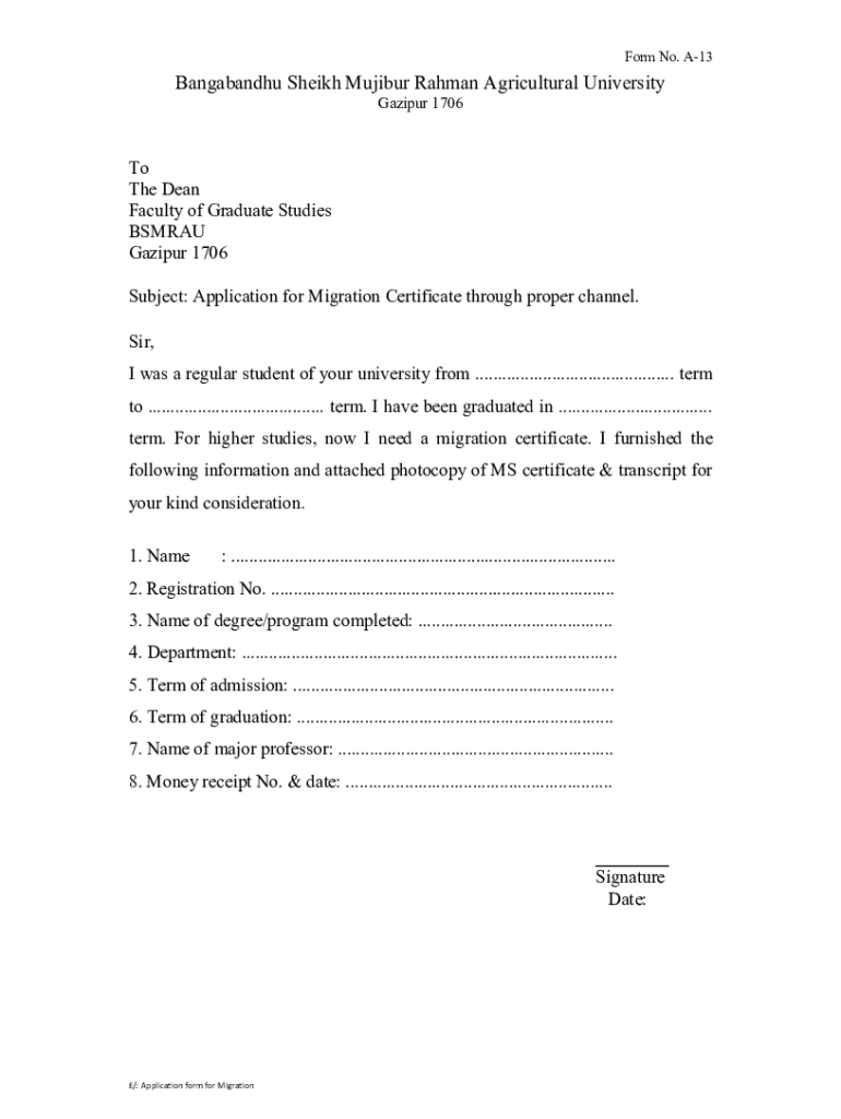 Fillable Online bsmrau edu Application form for Migration (1) Fax Email Print - pdfFiller