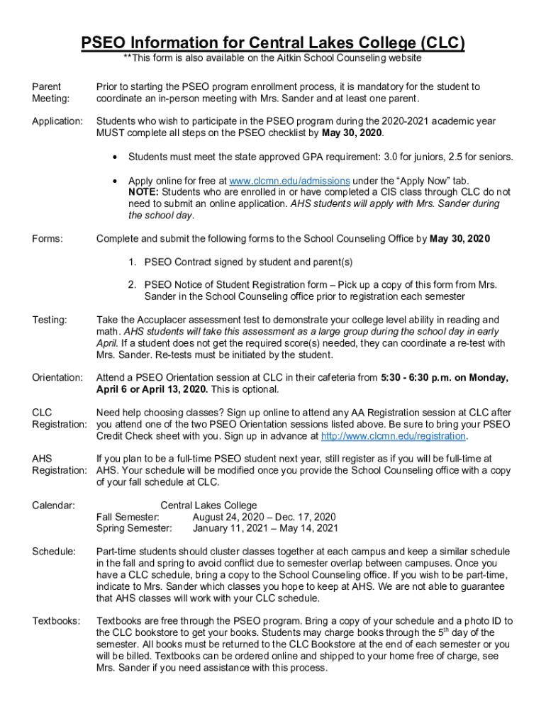 Fillable Online home isd1 Aitkin High School PSEO Checklist: Central ...
